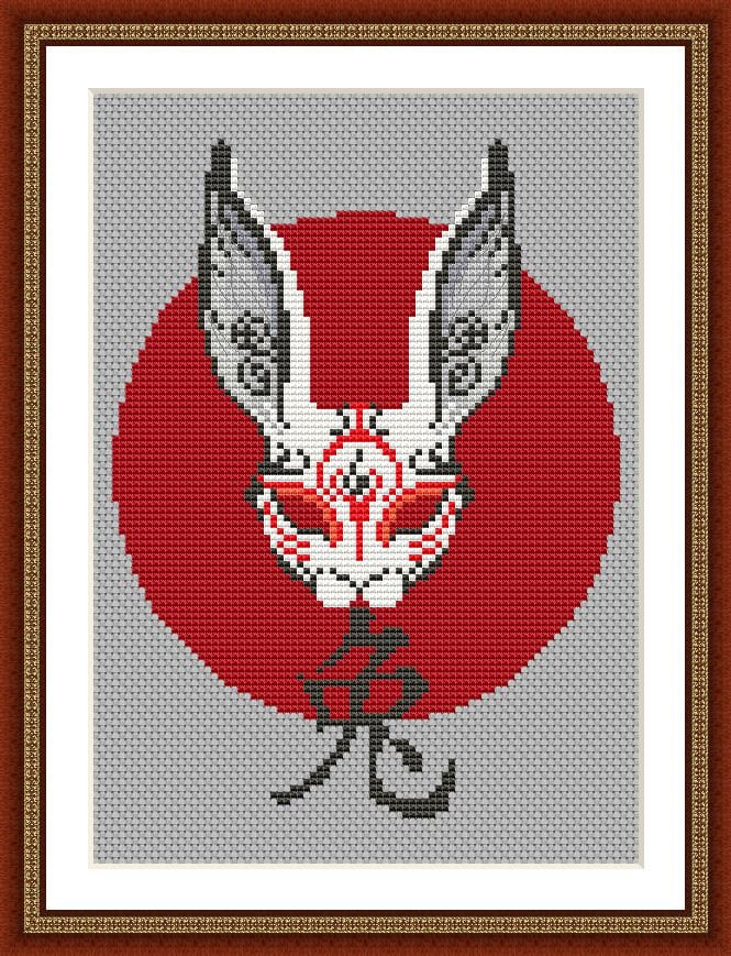 Japanese Rabbit Mask Cross Stitch Pattern PDF – Red Circle and Kanji ...