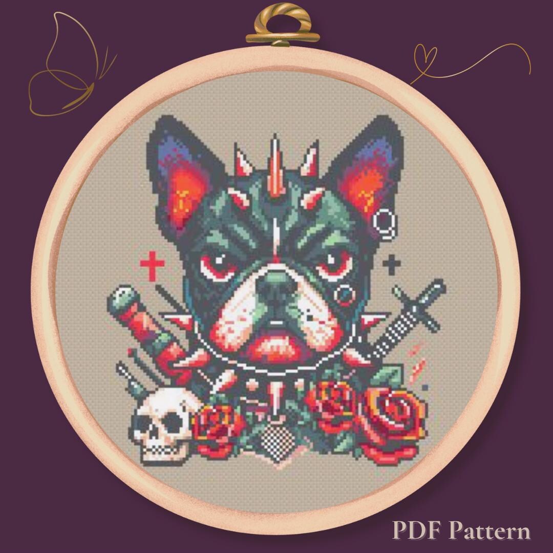 Punk Bulldog Cross Stitch Pattern PDF – Spiked Collar, Skull & Roses ...