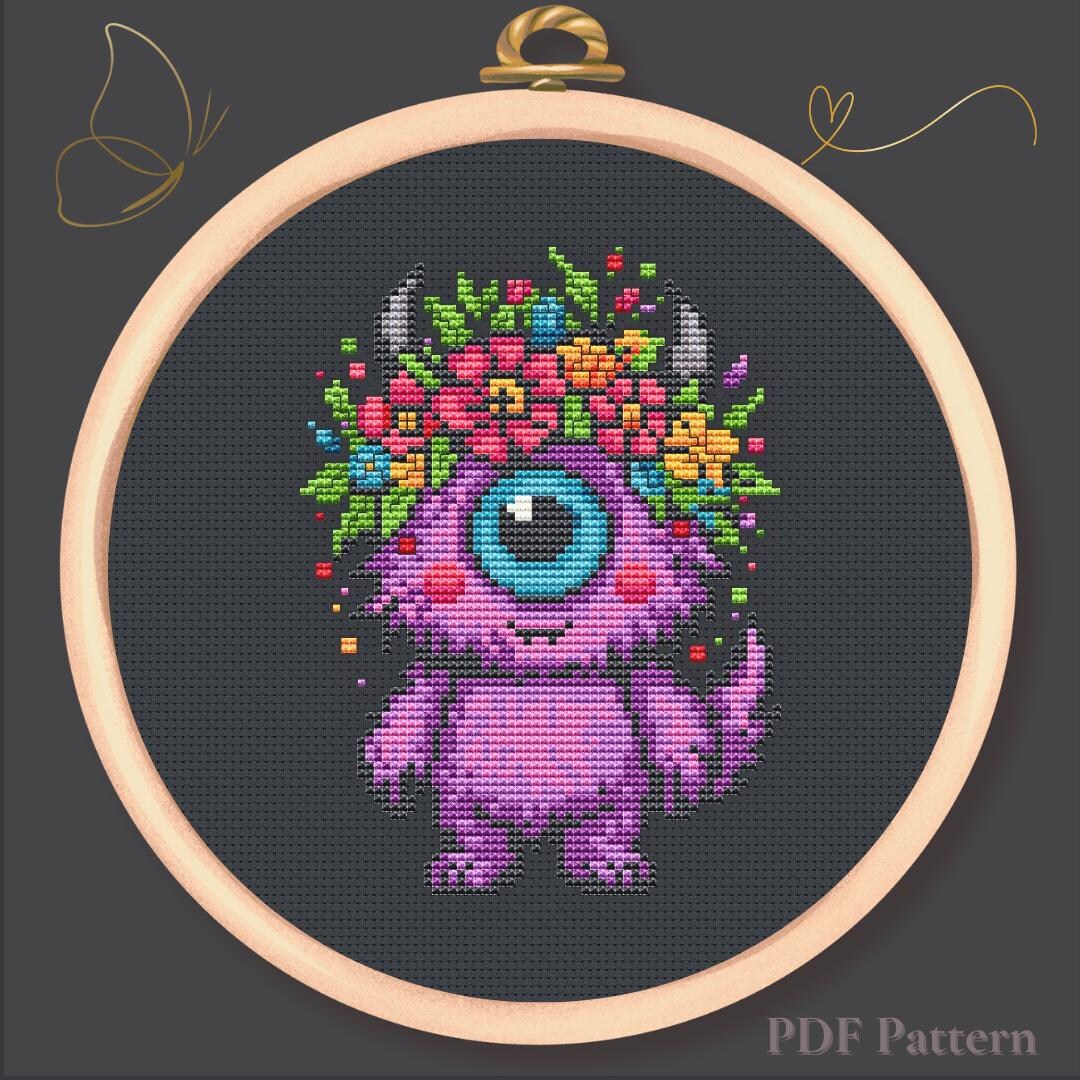 Bloom One-eyed Beast – Floral Cross Stitch Pattern PDF - Etsy
