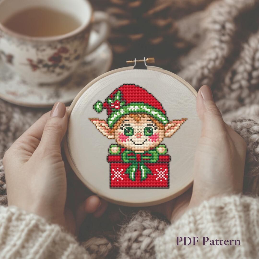 Christmas Elf Cross Stitch Pattern PDF – Holiday Elf in Gift Box – Xmas ...