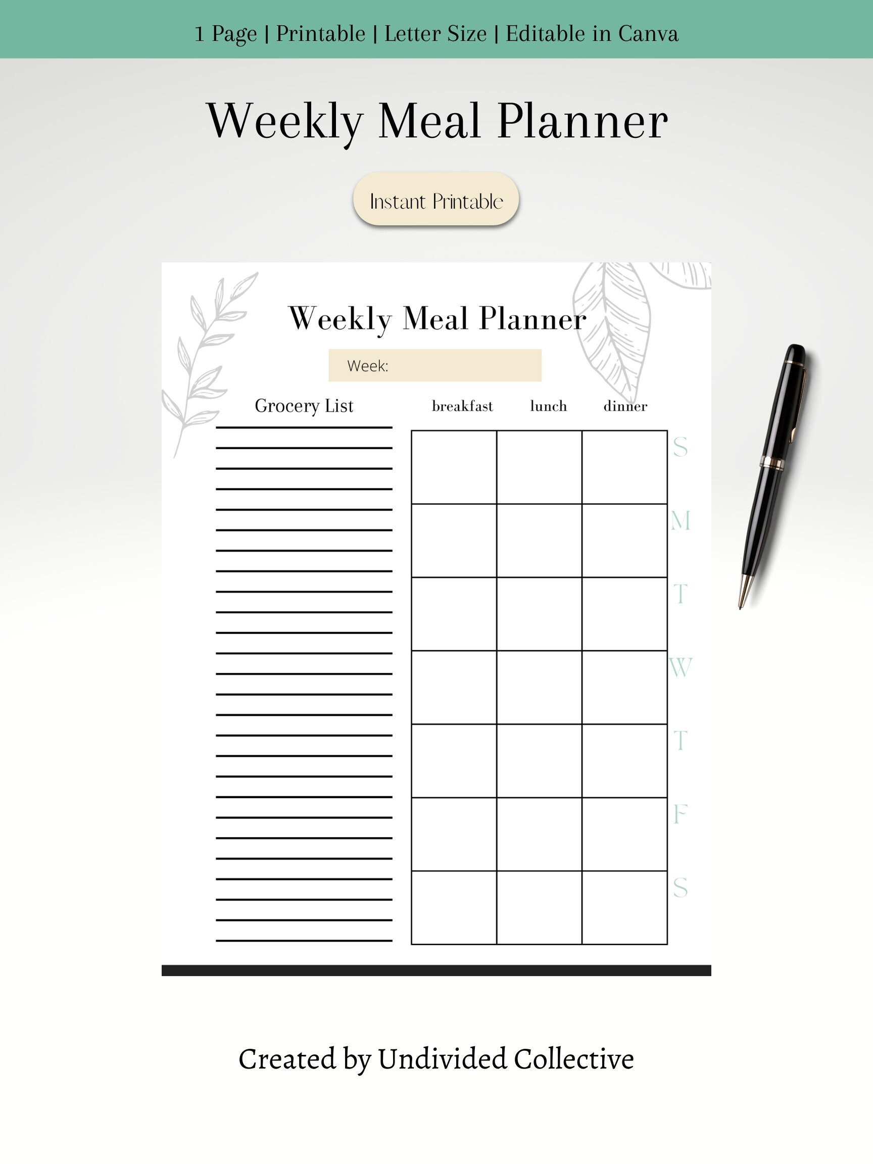 Weekly Meal Tracker Printable | Meal Tracker | Shopping List Printable ...