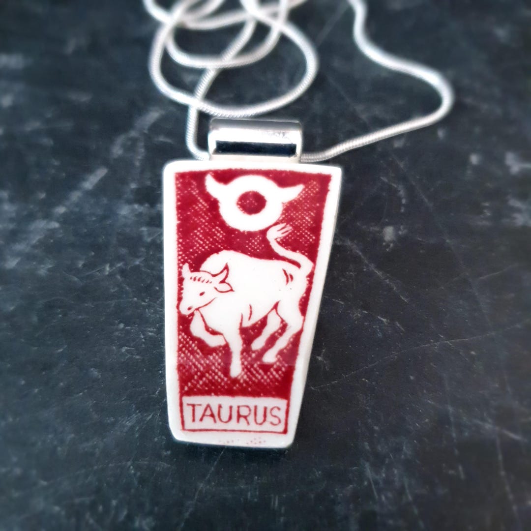 Taurus Star Sign Vintage Ceramic Pendant on a Sterling Silver Snake ...