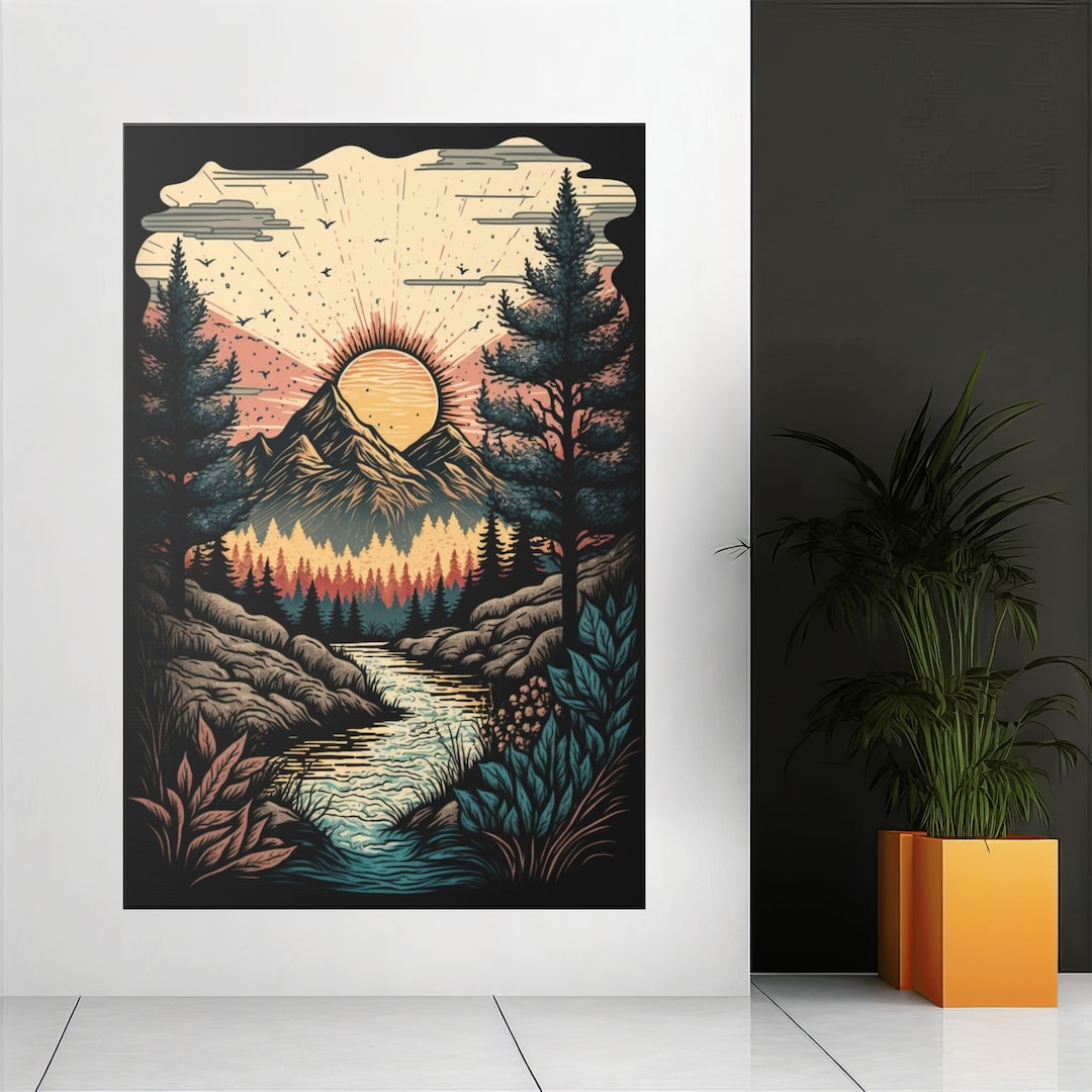 Boho Mountain Sunset Canvas Wall Art, Mountain Sunset, Artful Boho ...