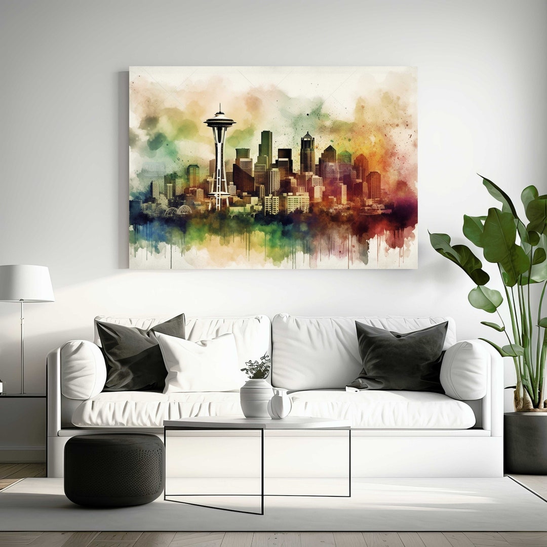 Colorful Seattle Skyline Canvas Print - Vibrant Watercolor Cityscape ...