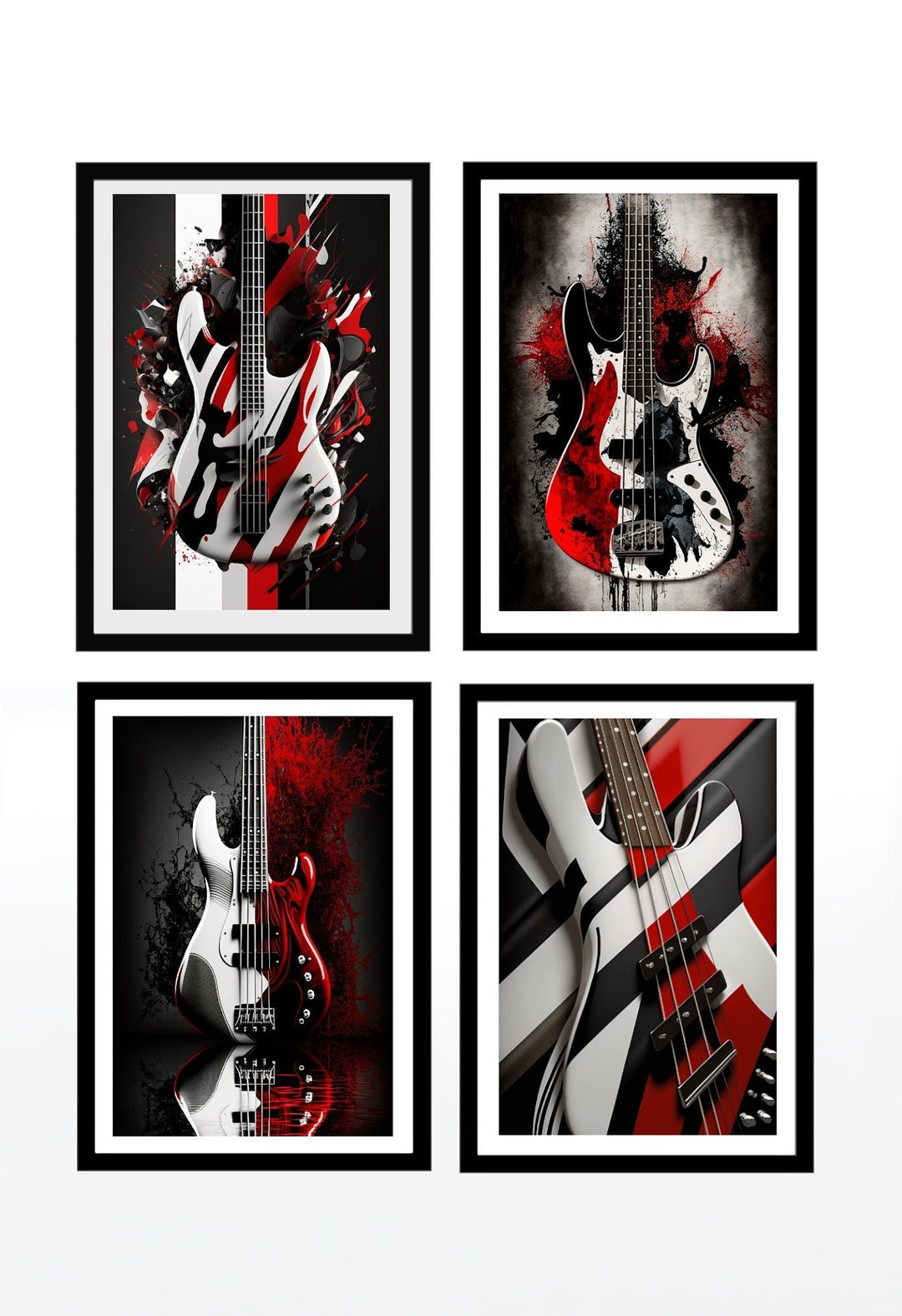 Bass Guitar Poster Modern Art, Abstract Style Red White Black, Music ...