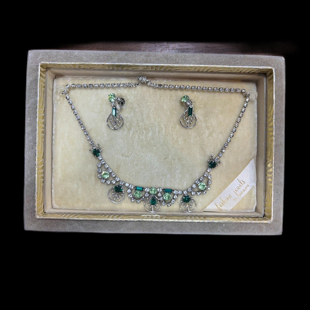 Vintage Leo Glass Fashion Jewelry Necklace and Earring Set in Original ...