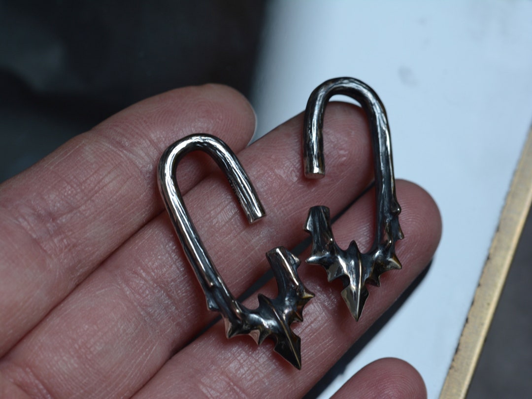 Spiked Ear Hangers for Stretched Earlobes, Gothic Solid Silver Jewelry ...