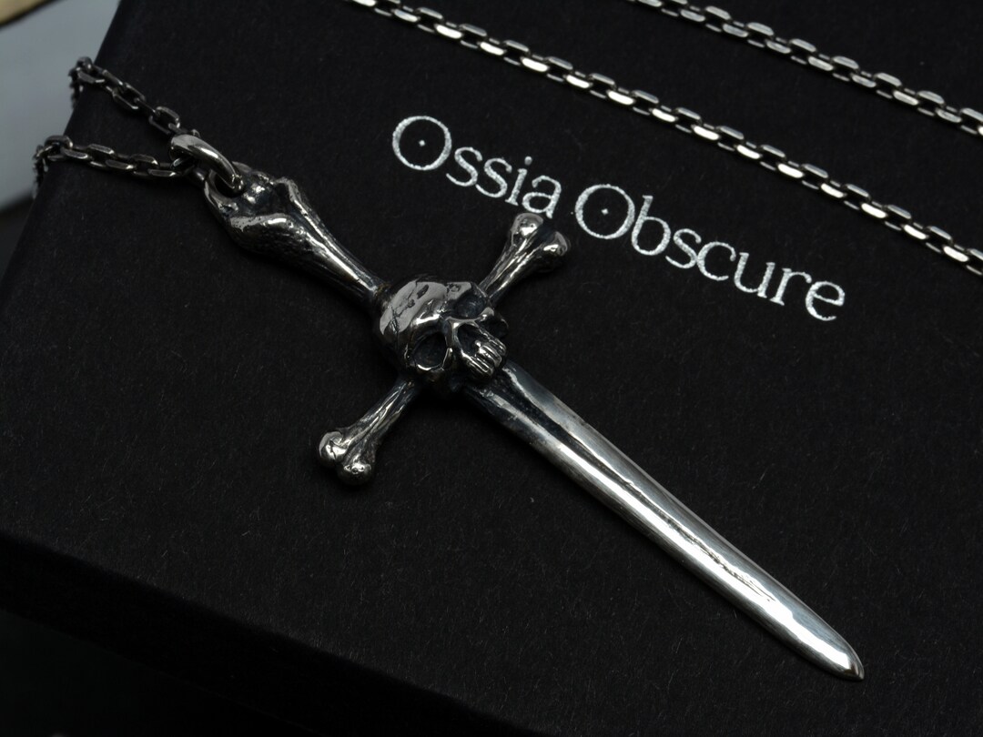 Gothic Sword Pendant Handmade With Skull & Bones Handle, Silver Witchy ...