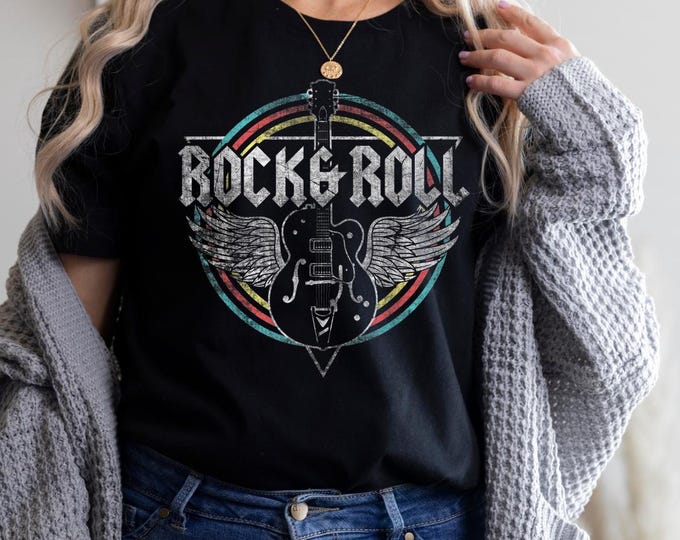 Colorful Rock and Roll Shirt, Angel Wings and Roll Tee, Rock Concert ...