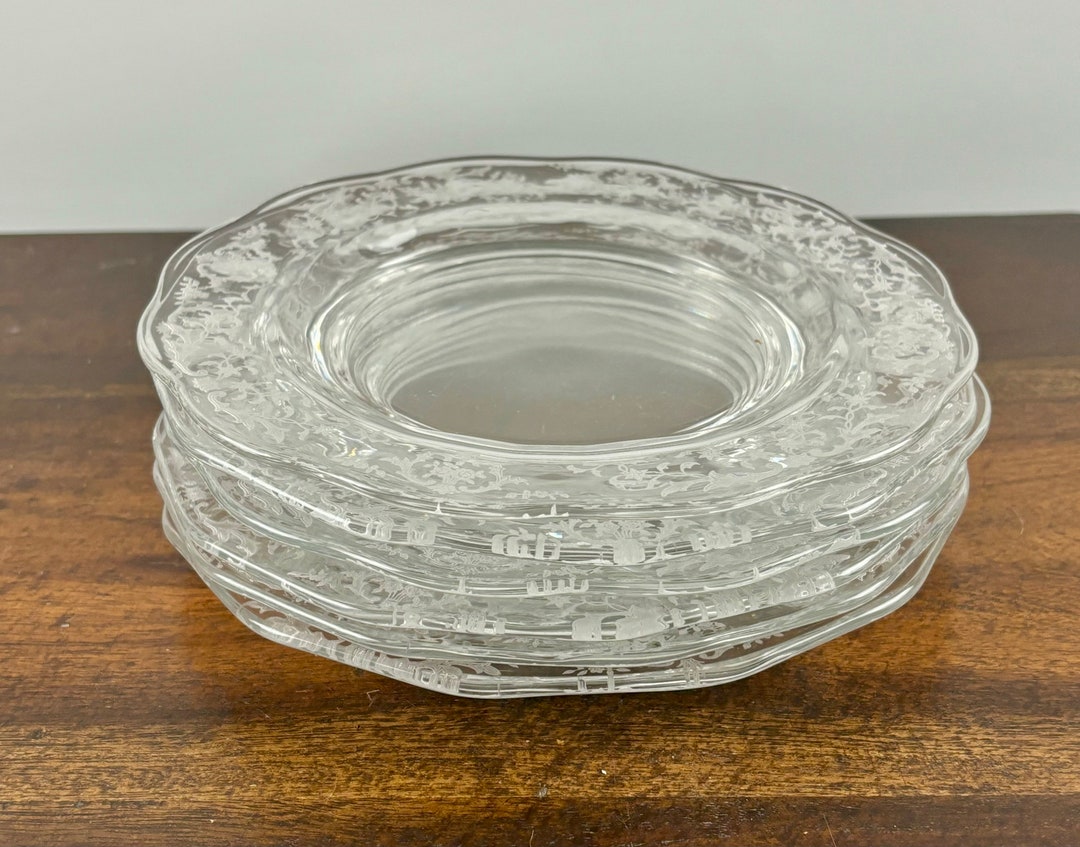 Vintage Set of 6 Fostoria Glass Navarre Scroll Pattern Dessert Plates ...