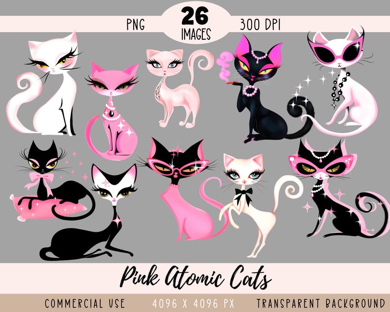 Atomic Cats CLIPART PNG File, Pink Cat Sublimation, 50s Style Mid Mod ...