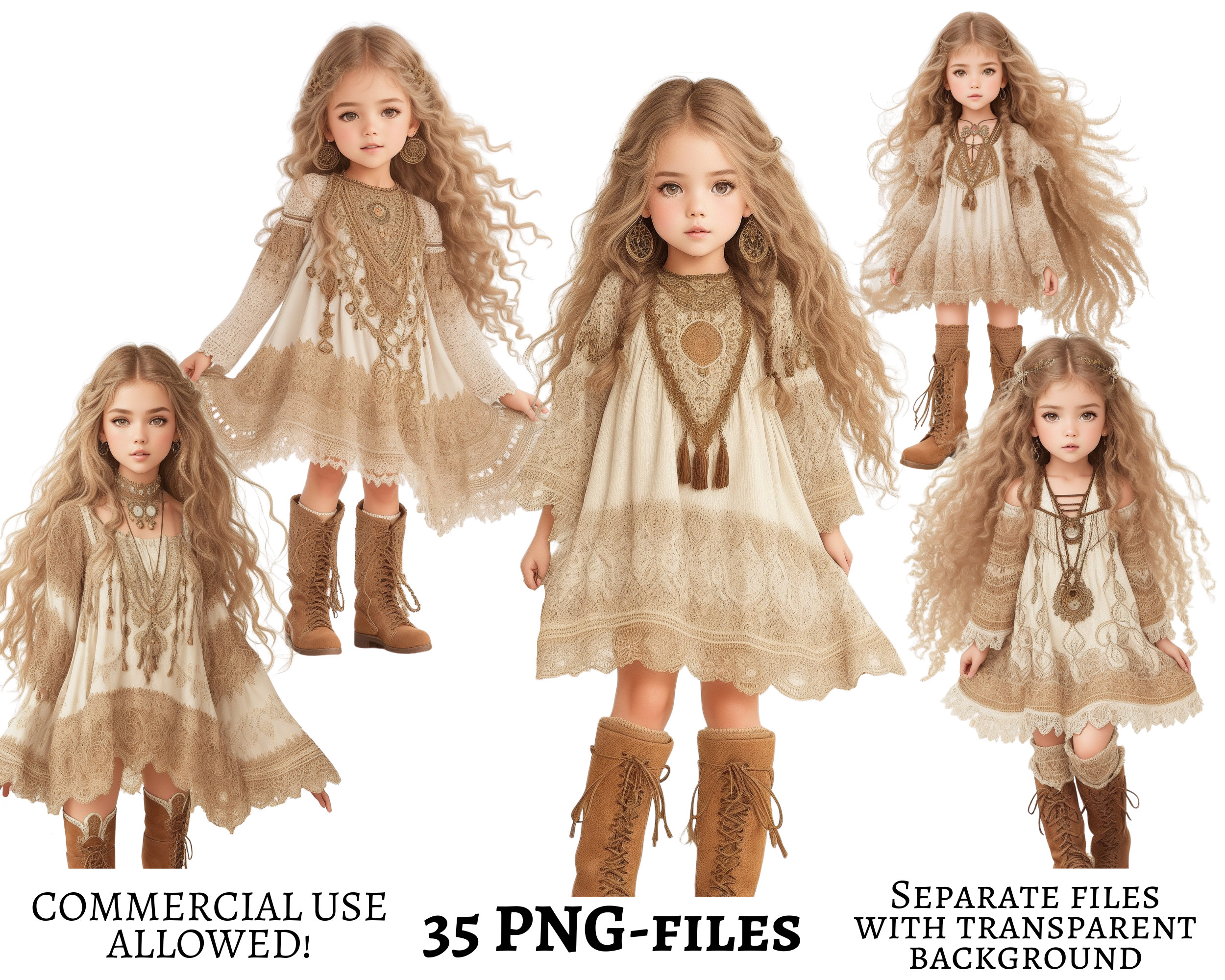 Boho Girls CLIPART PNG Files, Commercial Use, Transparent Background ...