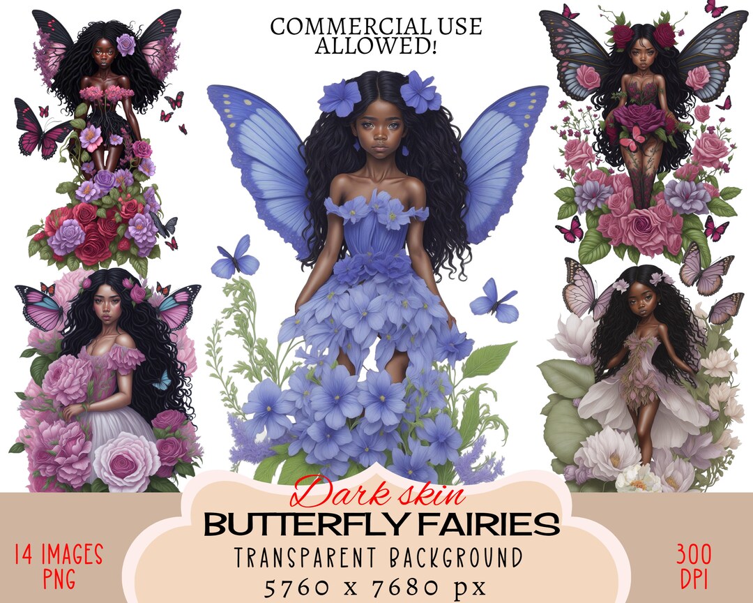 Butterfly Fairies Dark Skin CLIPART PNG Files, Commercial Use ...