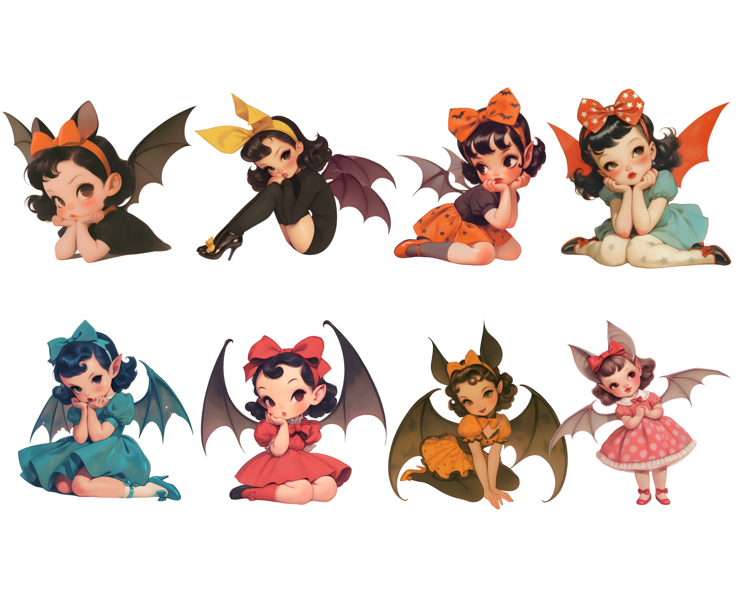 Halloween Bat Girls CLIPART PNG File, Retro Sublimation, Cute Little ...