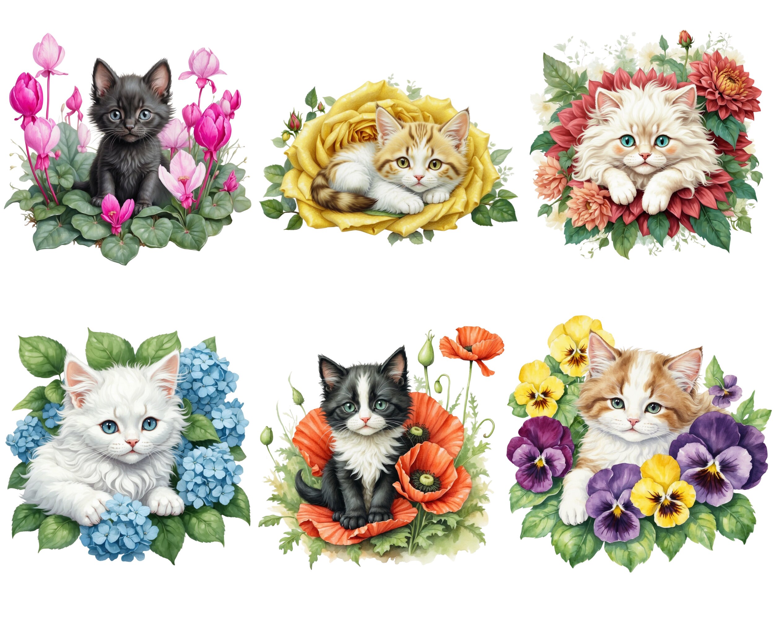 Cats in Flowers CLIPART PNG Files Commercial Use Transparent Background ...