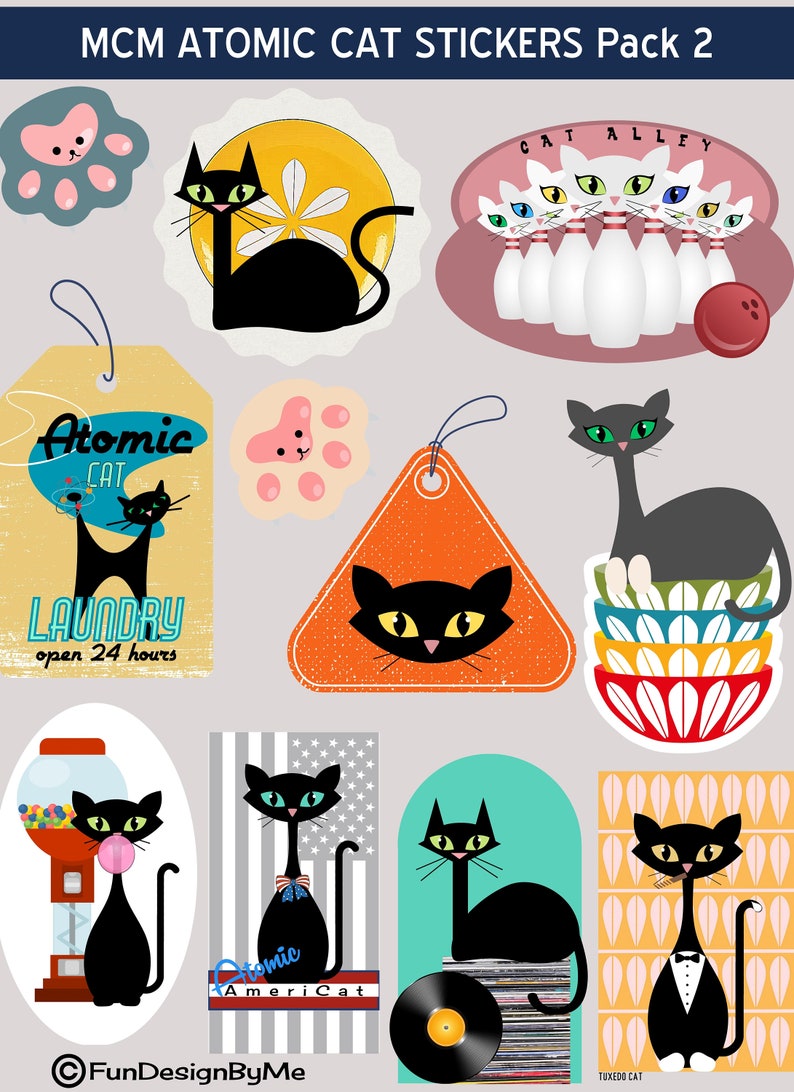 Mid Century Modern Atomic Cat STICKERS, Downloadable Printable MCM ...