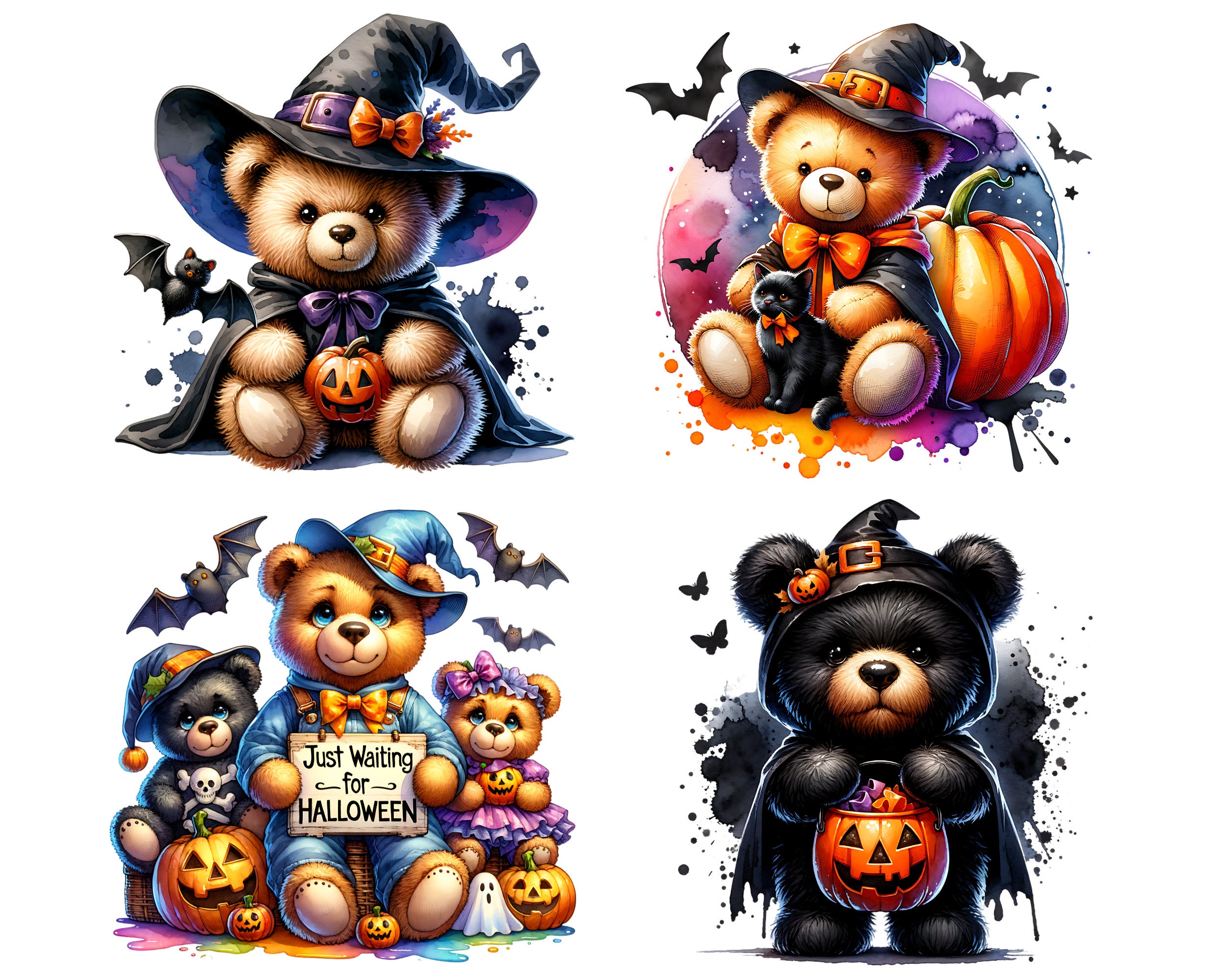 Halloween Teddy Bears CLIPART PNG File, Wizard Sublimation, Witch Broom ...