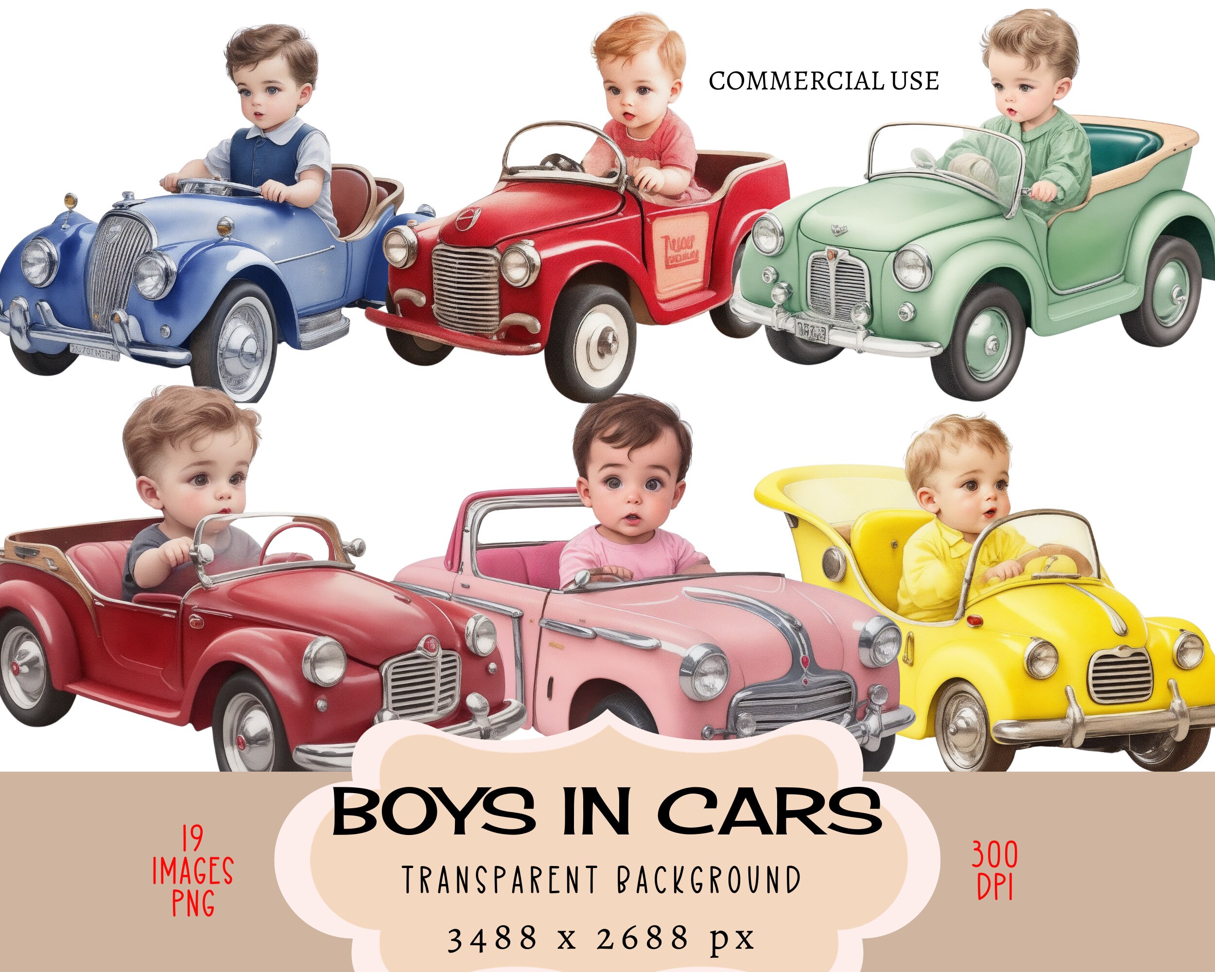 Little Boys in Cars CLIPART PNG Files Commercial Use Transparent ...