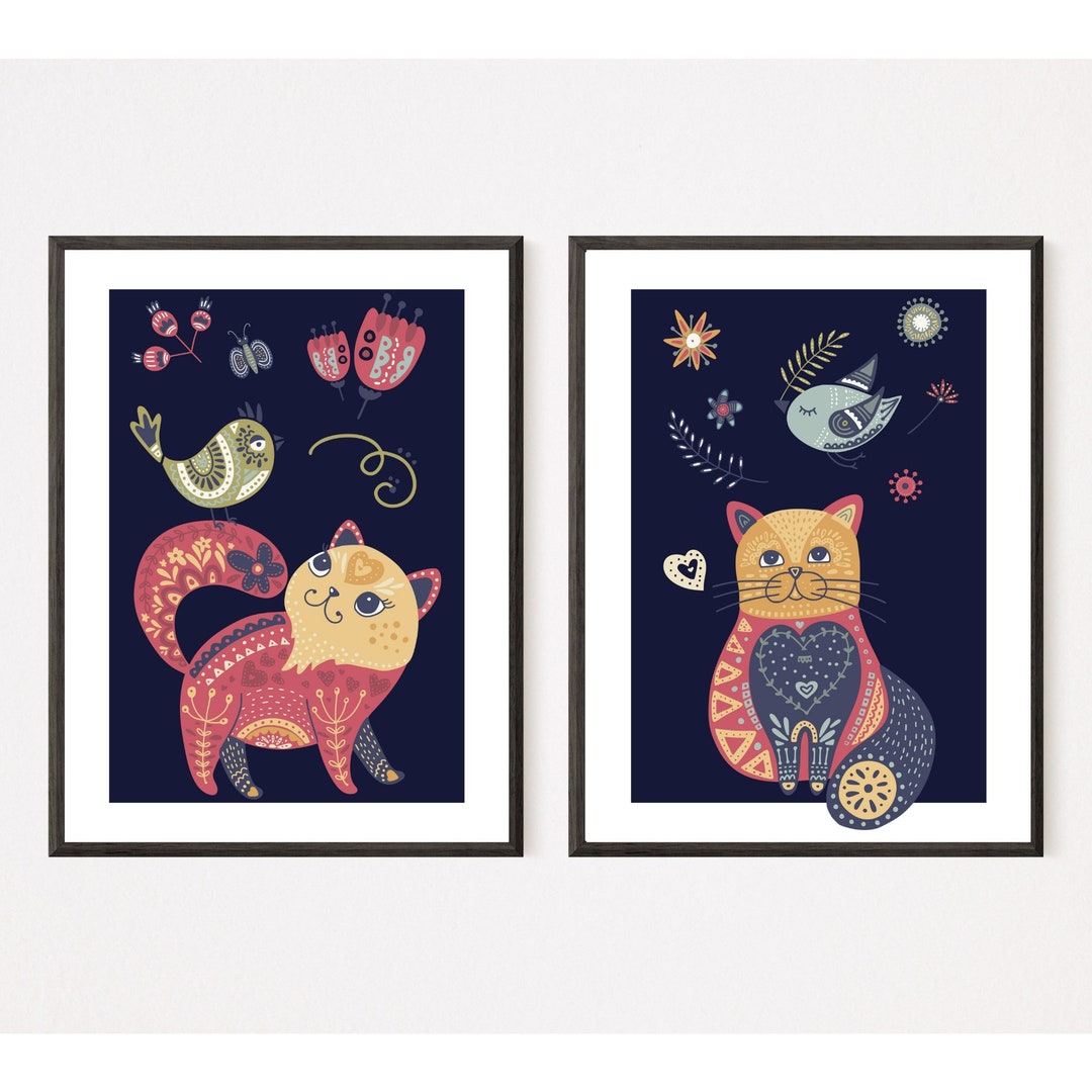 INSTANT DOWNLOAD Scandinavian Folk Art Cat Print, Set of 2, Nordic ...