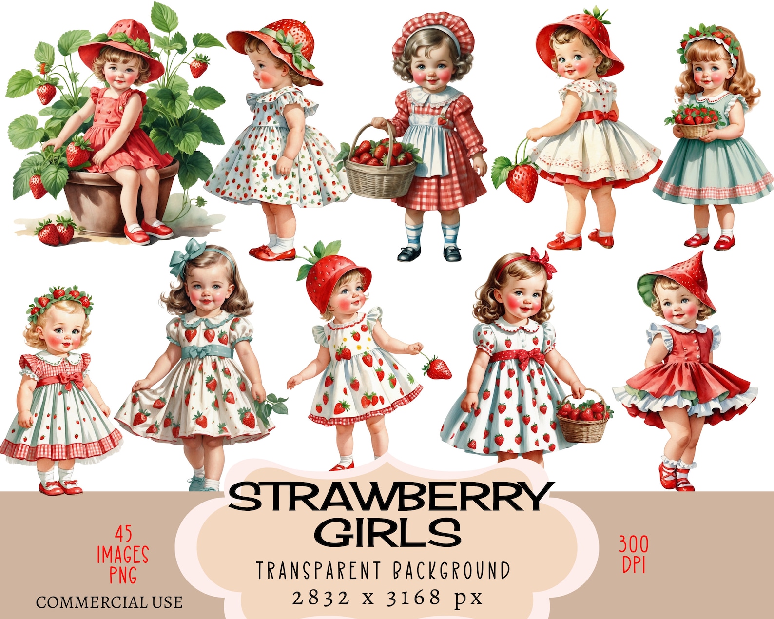 Strawberry Girls CLIPART PNG Files Commercial Use Transparent ...
