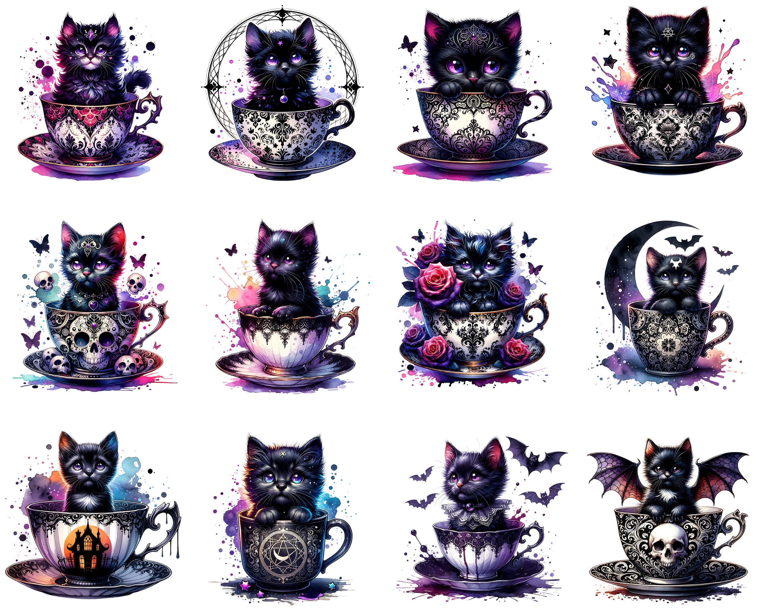 Gothic Cats CLIPART PNG Files, Black Kitten in Mug, Goth Dark Academia ...
