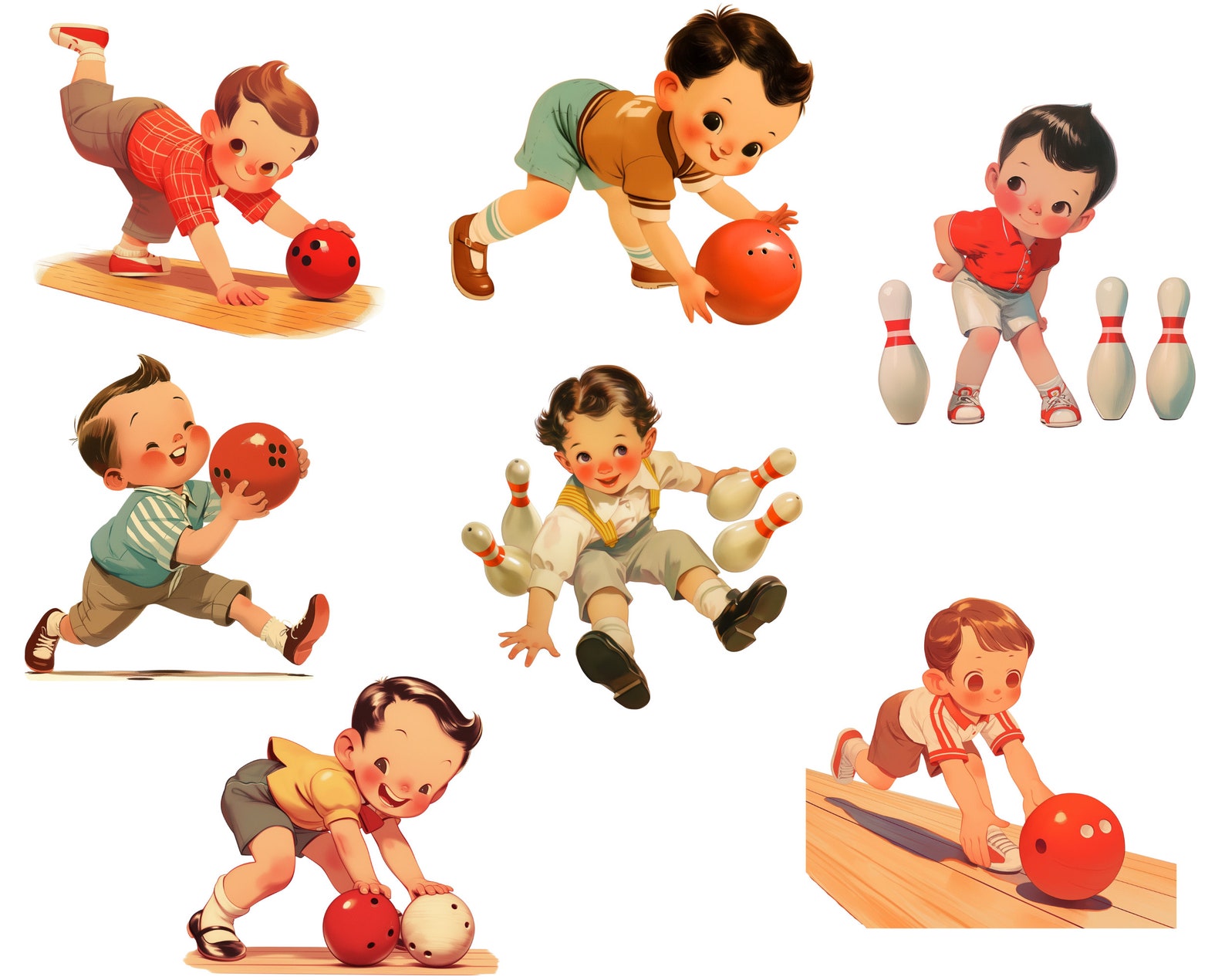 Bowling Kids CLIPART PNG Files, Retro Little Boys Girls Vintage ...