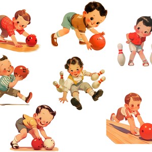 Bowling Kids CLIPART PNG Files, Retro Little Boys Girls Vintage ...