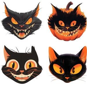 Halloween Black Cat Heads CLIPART PNG Files, Retro Sublimation Vintage ...