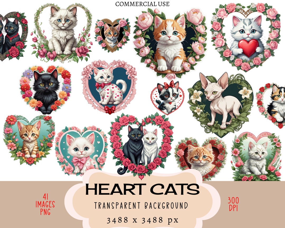 Cats in Hearts CLIPART PNG Files Commercial Use Transparent Background ...