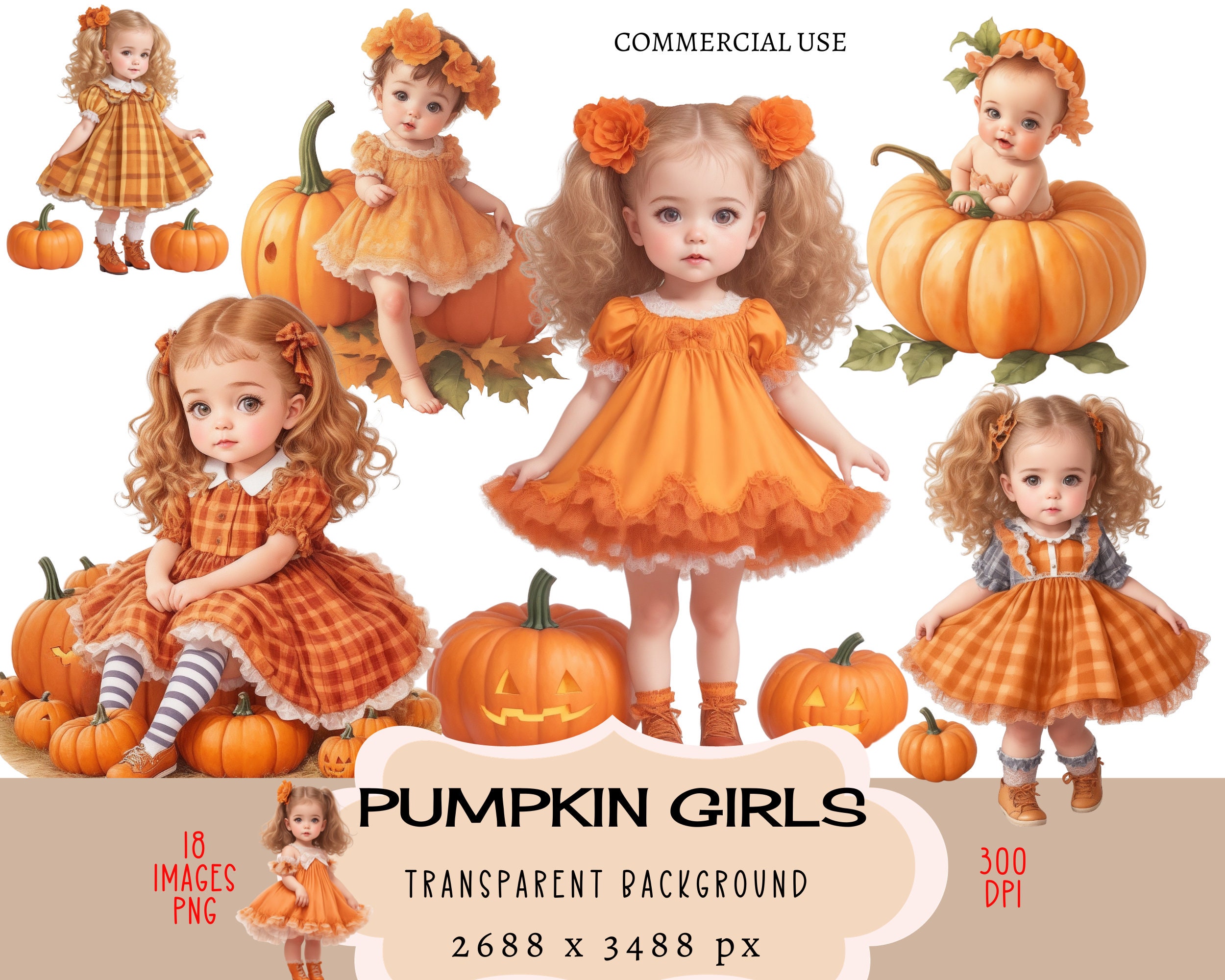Pumpkin Girls CLIPART PNG Files Commercial Use Transparent - Etsy