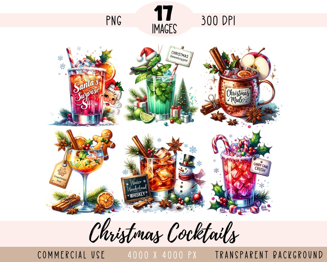 Christmas Cocktails CLIPART PNG Files, Drink Sublimation, Watercolor ...