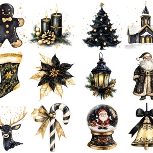 Black and Gold Christmas CLIPART PNG Files, Black Santa Sublimation ...