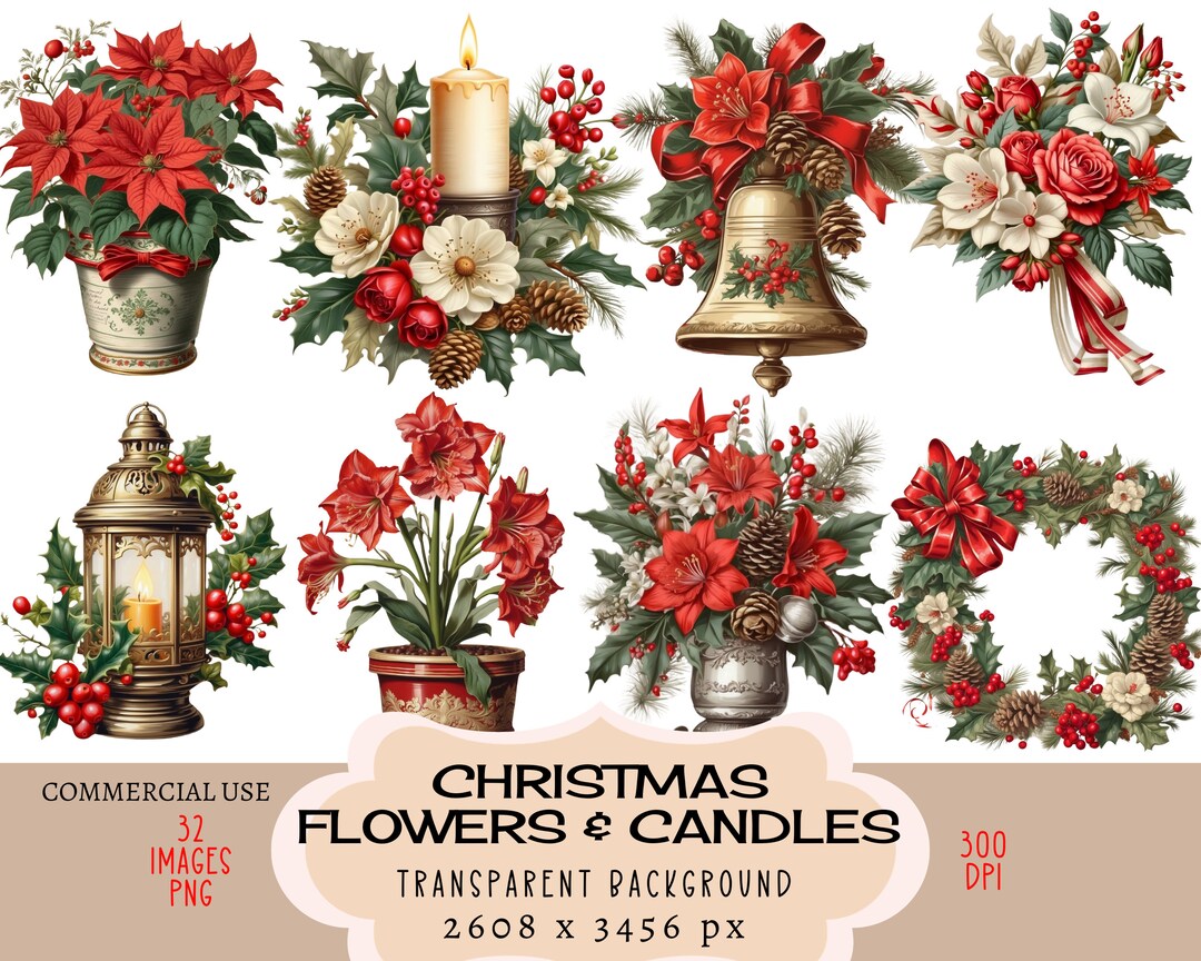 Christmas Flowers Candles CLIPART PNG File Commercial Use Transparent ...