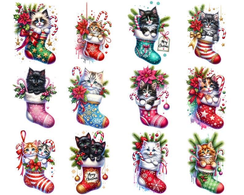 Christmas Stocking Kitten CLIPART PNG File, Cute Cat Sublimation ...