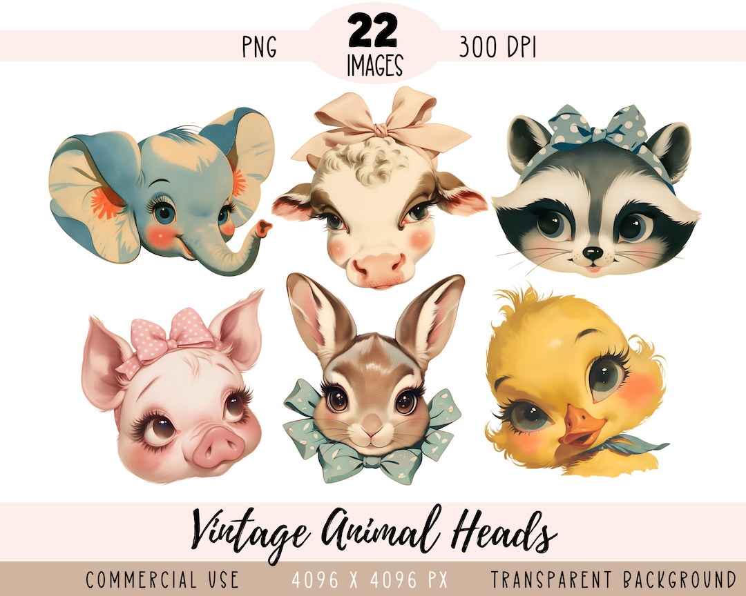 Vintage Animal Heads CLIPART PNG Files, Cow Sublimation, Duck Bunny ...