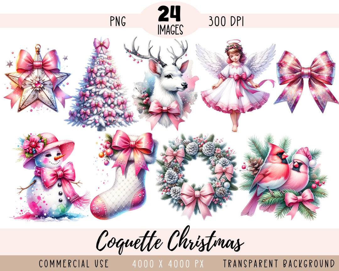 Coquette Christmas CLIPART PNG Files, Watercolor Xmas Sublimation, Pink ...
