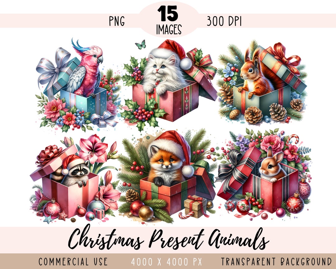 Christmas Present Animals CLIPART PNG File, Festive Sublimation ...