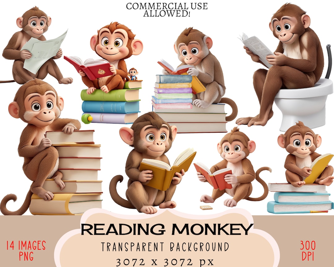 Reading Monkey CLIPART PNG Files, Studying Animal, Commercial Use ...
