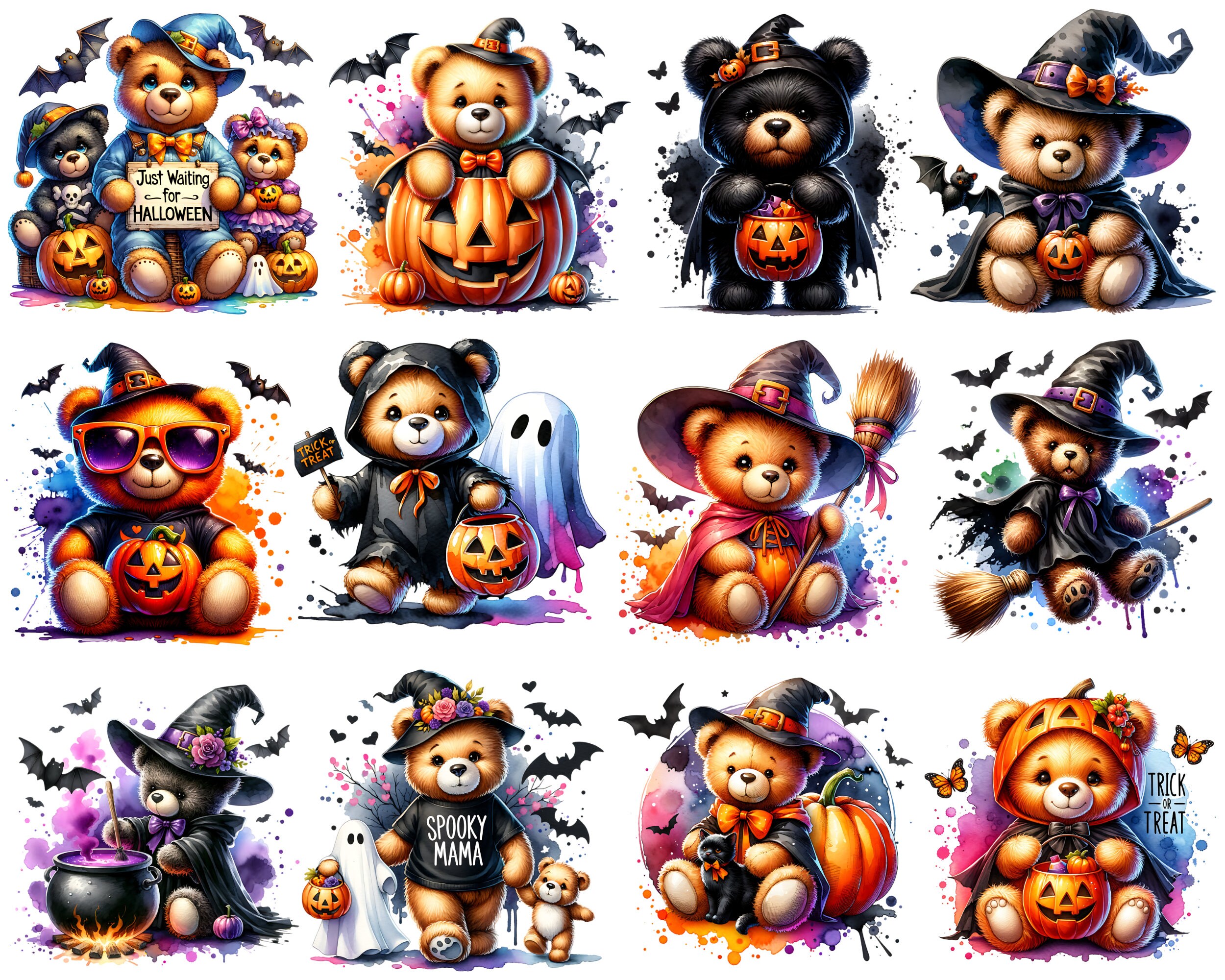 Halloween Teddy Bears CLIPART PNG File, Wizard Sublimation, Witch Broom ...
