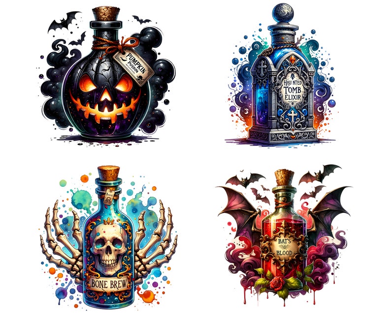 Halloween Potion Bottles CLIPART PNG Files, Magic Poison Sublimation ...