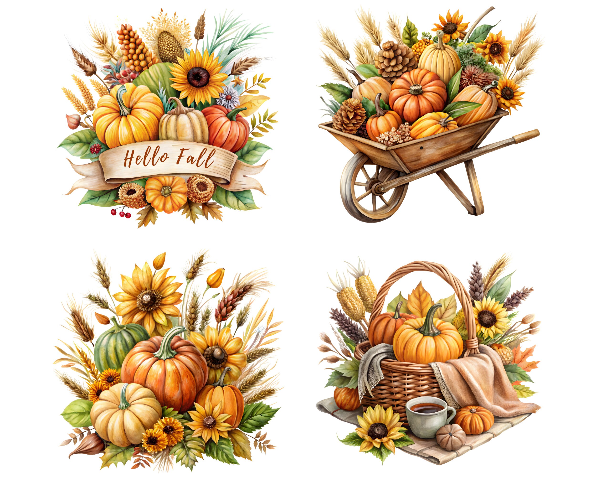 Autumn Harvest Time CLIPART PNG File, Pumpkin Sublimation, Sunflower ...
