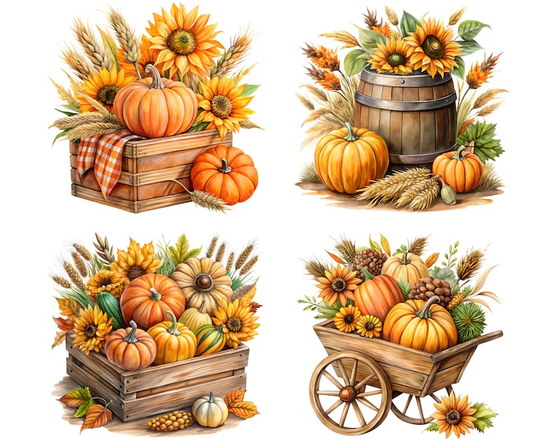 Autumn Harvest Time CLIPART PNG File, Pumpkin Sublimation, Sunflower ...