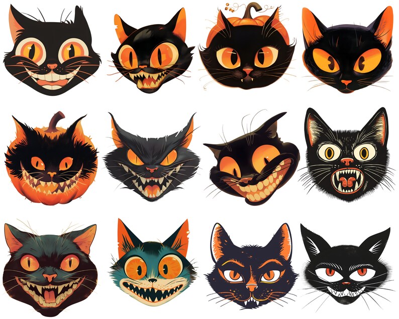 Halloween Black Cat Heads CLIPART PNG Files, Retro Sublimation Vintage ...