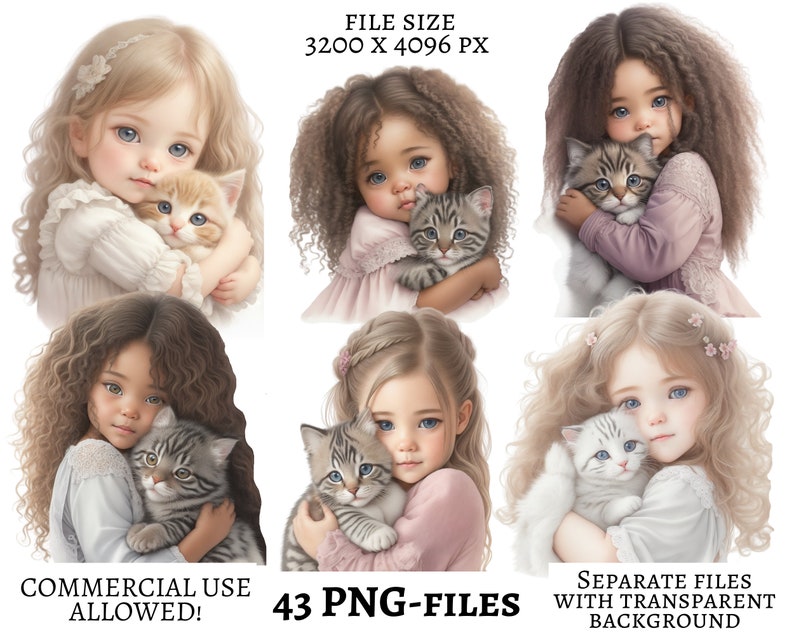 Cute Little Girls With Cats CLIPART PNG Files Commercial Use - Etsy