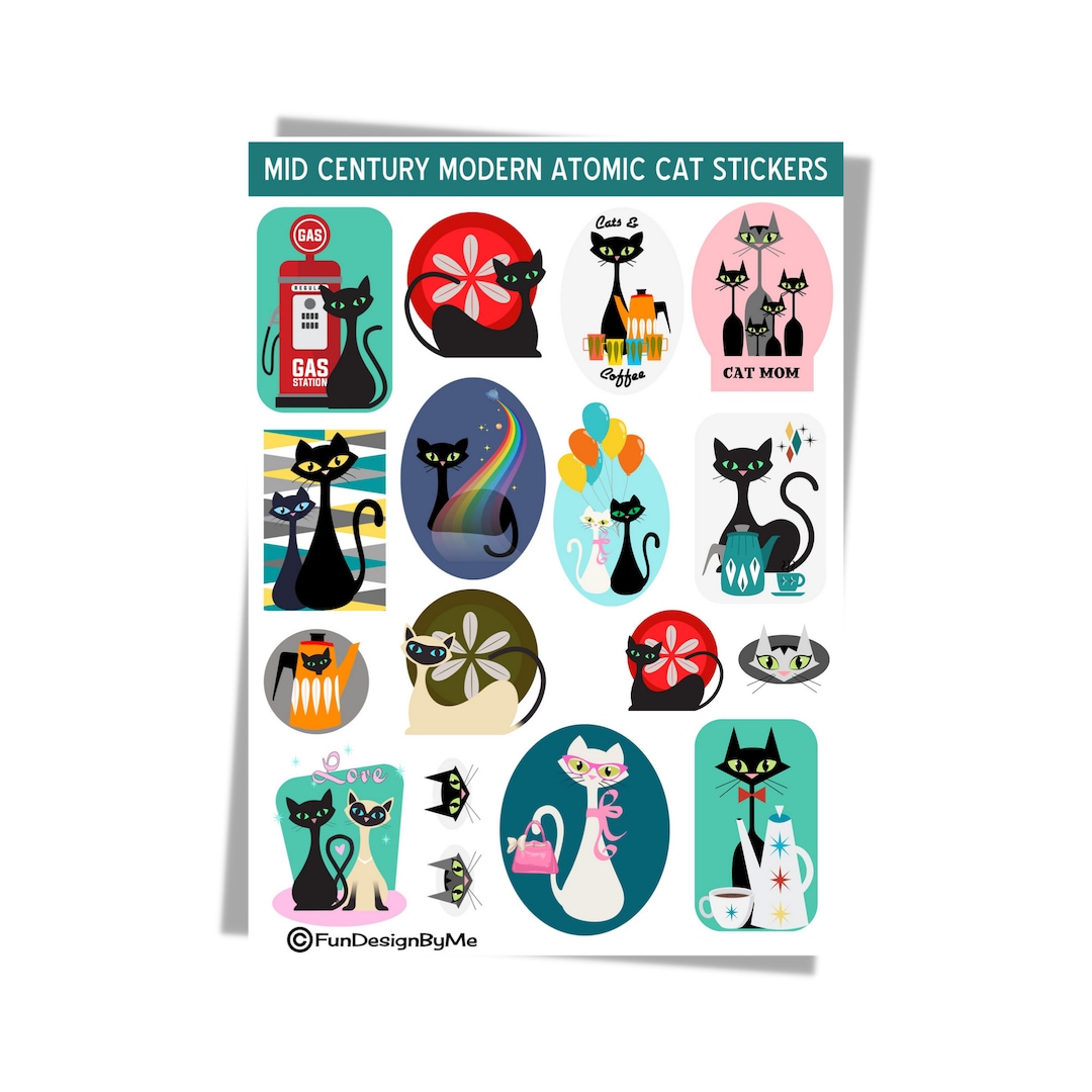 JPG File Mid Century Modern Atomic Cat STICKERS Downloadable Printable ...