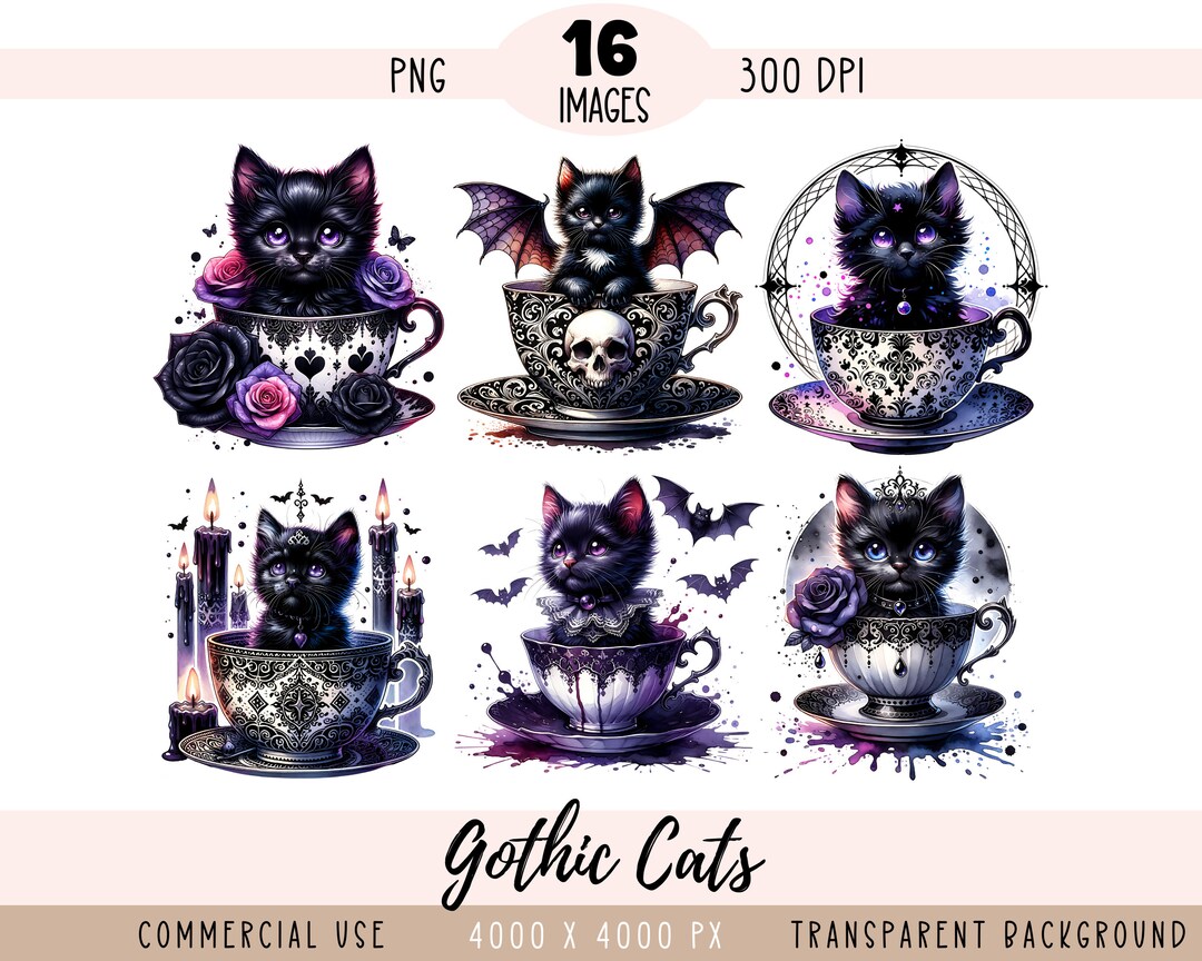 Gothic Cats CLIPART PNG Files, Black Kitten in Mug, Goth Dark Academia ...