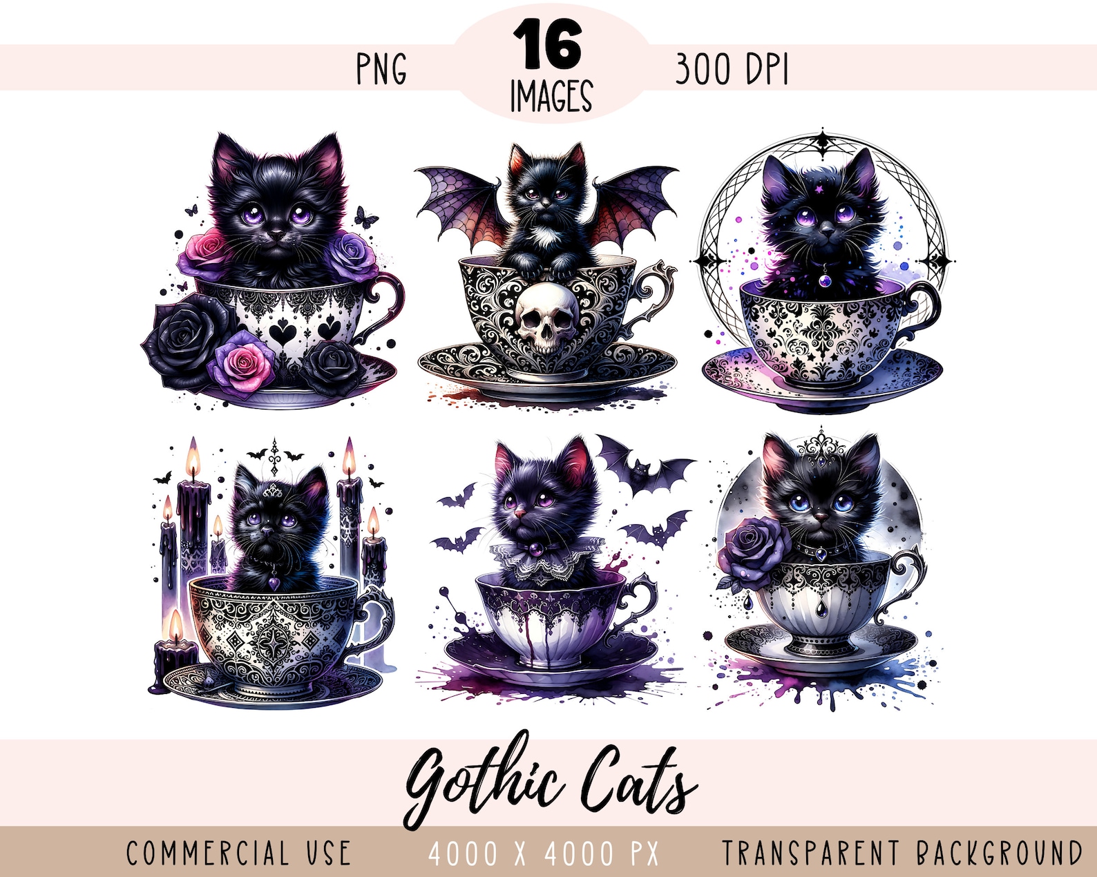 Gothic Cats CLIPART PNG Files, Black Kitten in Mug, Goth Dark Academia ...