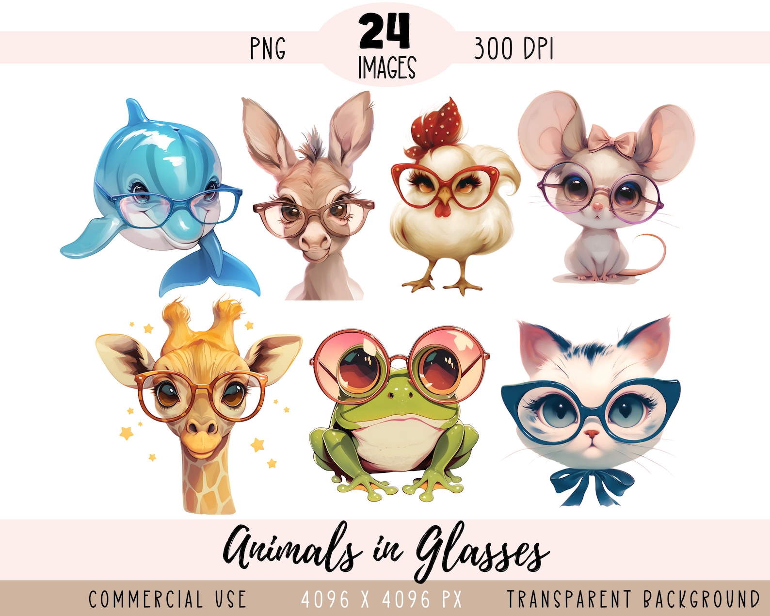 Animals in Glasses CLIPART PNG Files, Giraffe Elephant Frog Dolphin ...