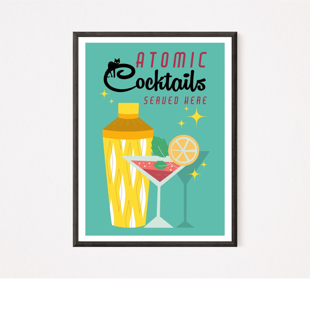 INSTANT DOWNLOAD MCM Cocktail Print, Atomic Cat Poster, Kitchen Wall ...