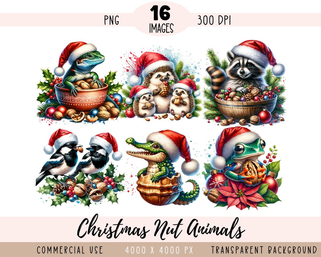 Christmas Nuts Animals CLIPART PNG File, Critter Sublimation, Santa Hat ...